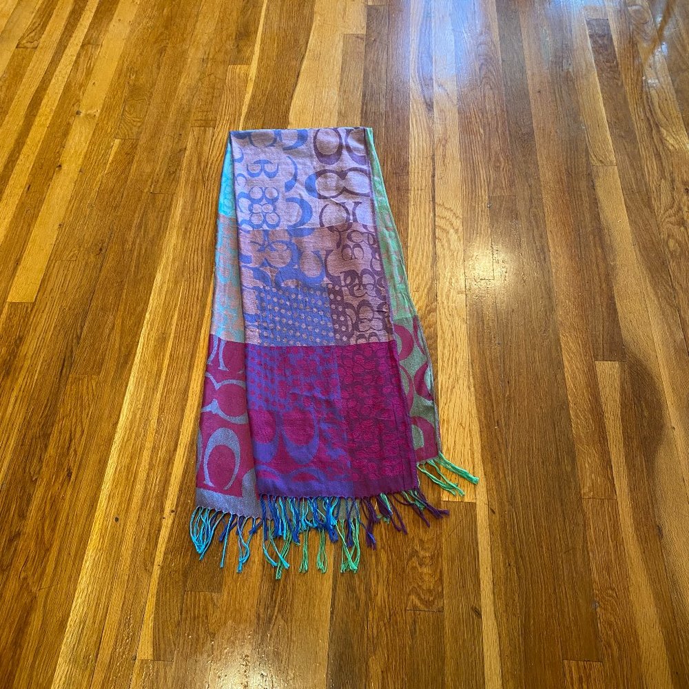 Coach Color Block Large Pashmina Monogram Fringe Scarf - Gem